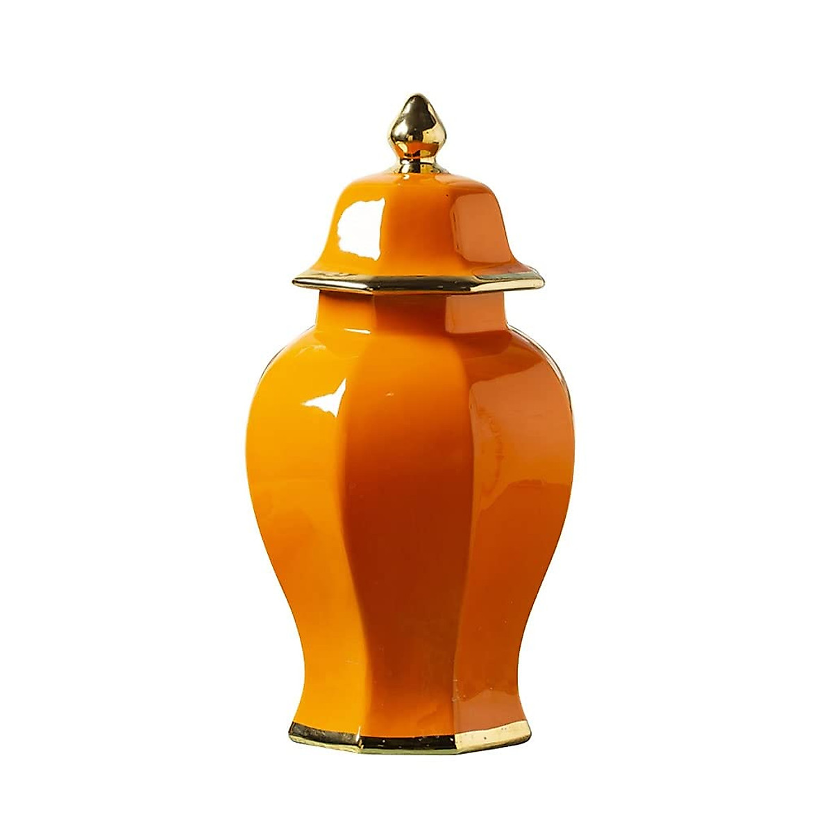 Handmade Orange Hexagon Ginger Jar Vase Ornament, Home & Living Room Decorative Jar, Gold-Plated Ceramic Temple Jar (Size : Small)