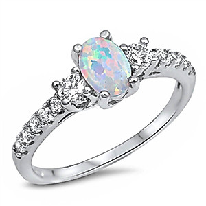 Oxford Diamond Co Lab Created White Opal & Cz Fashion Engagement .925 Sterling Silver Ring Size 6