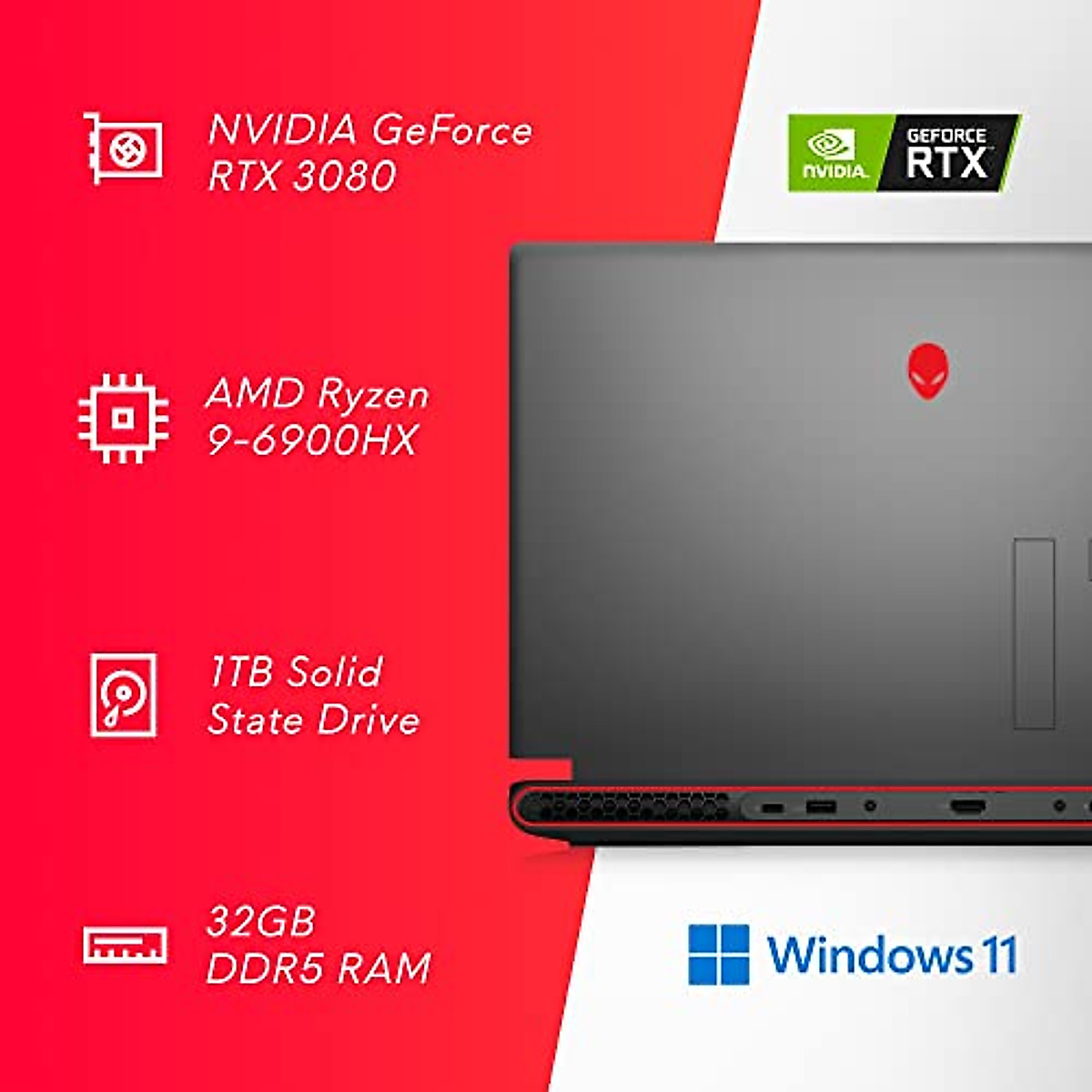 Alienware M17R5 Gaming Laptop - 17.3-inch FHD 480Hz Display, AMD Ryzen 9-6900HX, 32GB DDR5 RAM, 1TB SSD, NVIDIA GeForce RTX 3080 GDDR6, Windows 11 Home, 1 Year Support - Dark Side of the Moon, Black