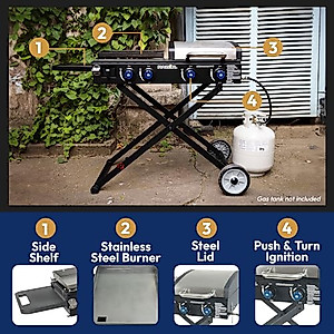 Razor Griddle Portable 4-Burner 40,000 BTU Gas Grill & Griddle Combo with 16" x 16" Cooking Surface Area, Foldable Cart & Steel Lid, Black