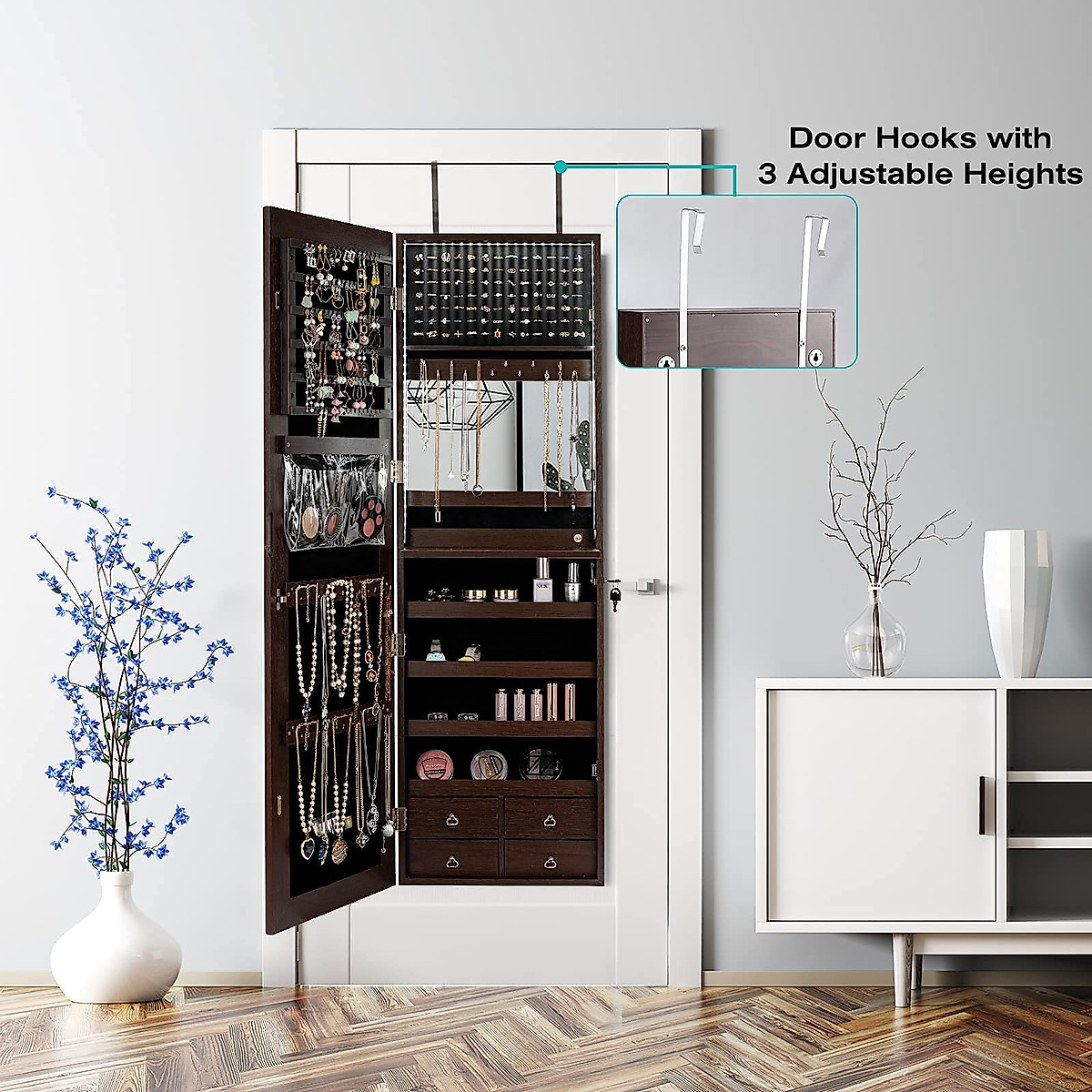 CHARMAID LED Strip Jewelry Armoire with 47.2" H Full Length Mirror, Wall/Door Mounted Jewelry Organizer with Built-in Mirror, Flip-over Cosmetic Tray, 4 Drawers, Large Storage Jewelry Cabinet (Coffee)