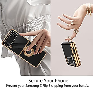 BENTOBEN Galaxy Z Flip 3 Case 5G with 360° Ring Holder, Shockproof Slim Kickstand Magnetic Support Car Mount Women Men Non-Slip Protective Phone Case for Samsung Galaxy Z Flip 3, Black/Gold