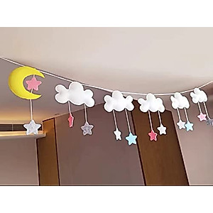 Bemeet, 5ft Felt Cloud Star Wall Hanging Decoration (Set of 1) Clouds Stars Moon Wall Hanging Garland, Baby Shower Party Supplies, Sky Theme String Garlands for Nursery Decor