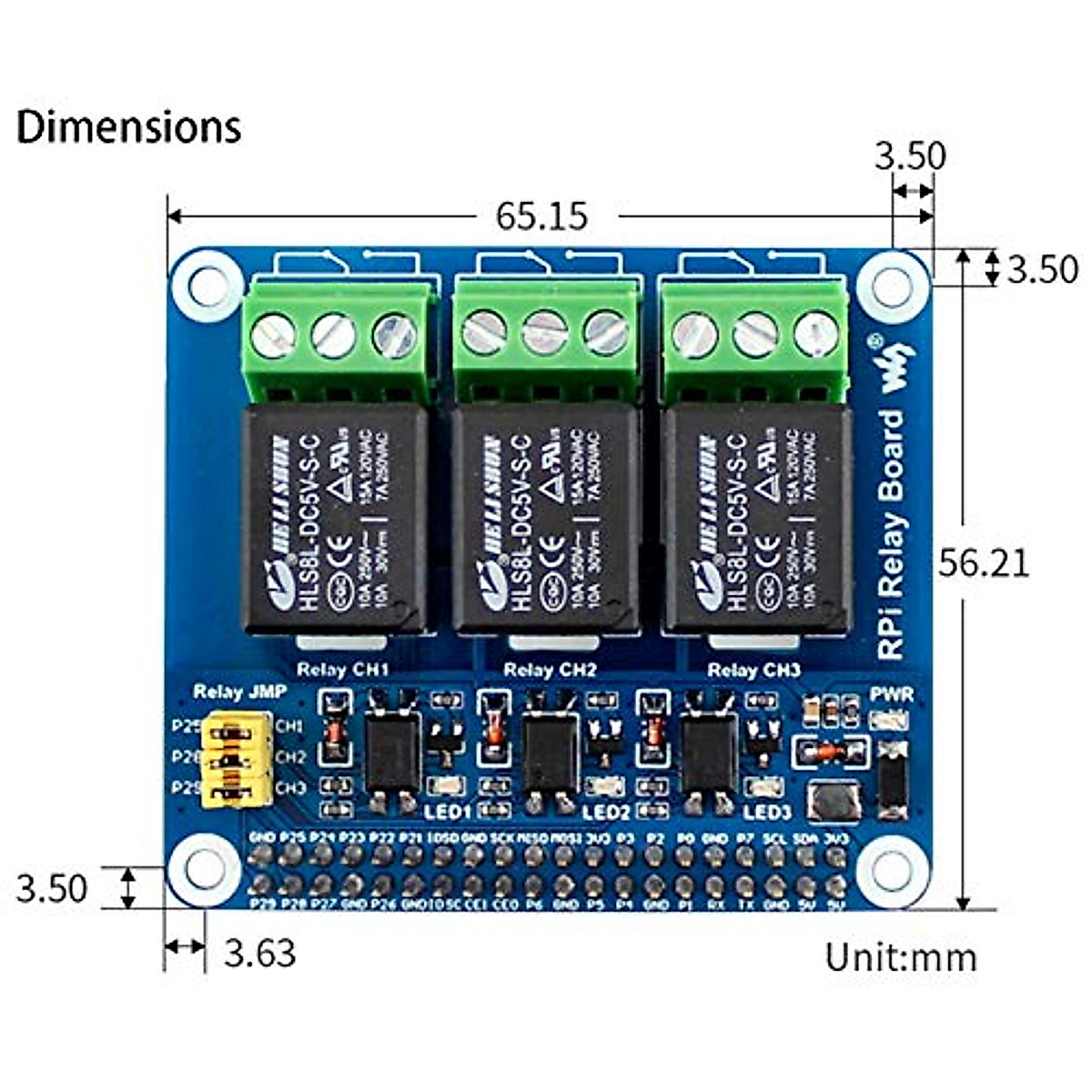 waveshare RPi Relay Board Raspberry Pi Expansion Board, Three Channel (3-CH) Power Relay Module for Raspberry Pi 4B/3B+/3B/2B/A+/B+, Loads up to 5A 250V AC or 5A 30V DC