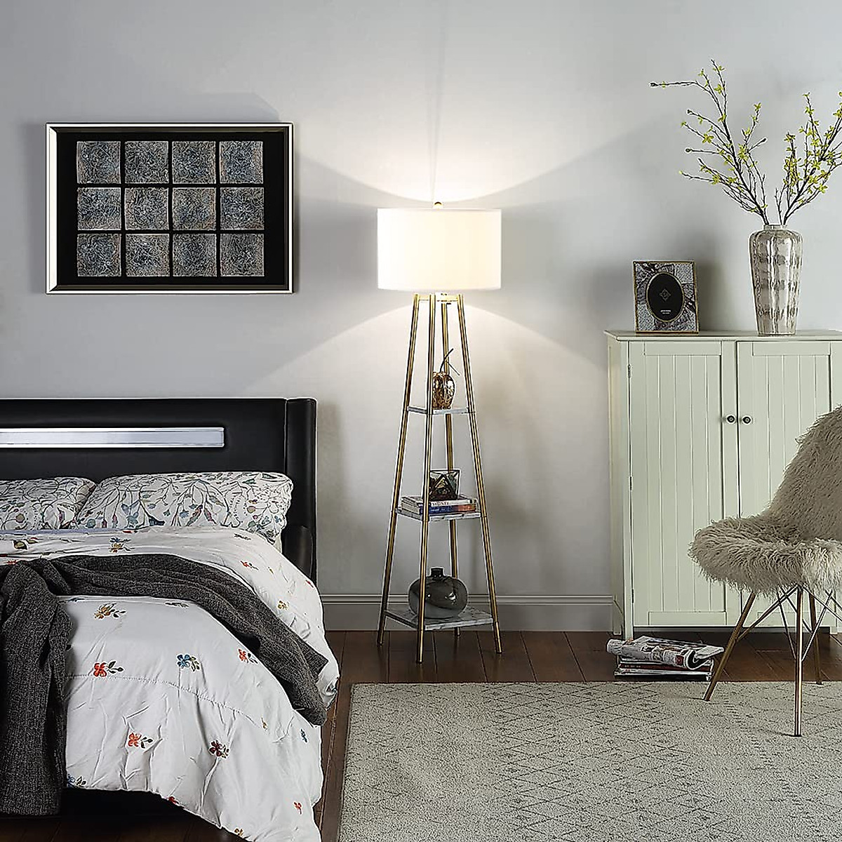 ROSEN GARDEN Floor Lamp, Standing Reading Light with Shelves and Gold Shade, Modern Tall Pole Lamp, Accent Furniture Décor Lighting for Living Room, Bedrooms (Gold, White Shade)