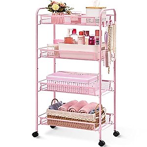 TOOLF 4-Tier Rolling Cart, Metal Utility Cart with 3 Hooks, Easy Assemble Mobile Storage Trolley On Wheels, Slide Out Shelving Units Kitchen Bathroom Laundry Room