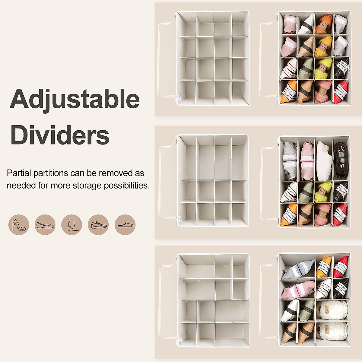 TOPIA HOME Shoe Organizer for Closet, Foldable Shoe Box with Adjustable Dividers and Clear Cover, Space Saving Shoe Storage Organizer Cabinet with Reinforced Handles, Fits 16 Pairs, Beige TP09Y