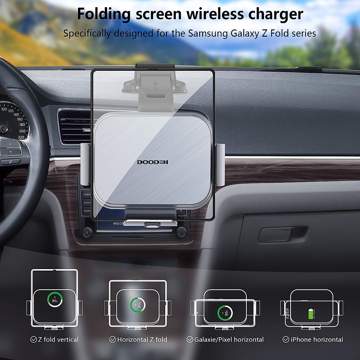 15W Wireless Car Charger for Samsung Galaxy Z fold 5/4/3/2,[Dual Coils] Auto-Clamping Air Vent Dashboard Car Phone Holder for Galaxy Z Fold 4 Car Mount(with QC3.0)