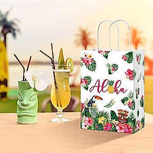 16 Pack Hawaiian Gift Bag Luau Party Bags Summer Tropical Paper Bag with Handle Luau Treat Bag Palm Leaf Candy Bag for Summer Tropical Aloha Festival Hawaiian Luau Holiday Party Supplies Favor (White)