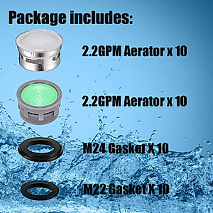 Faucet Aerator with Gasket Flow Restrictor Insert Bathroom Faucet Aerator Replacement Parts 10 pcs Stainless Steel (2.2 GPM) and 10 pcs Green (1.5 GPM)