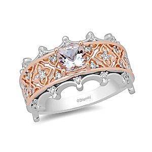 Jewelili Enchanted Disney Fine Jewelry Sterling Silver and 10K Rose Gold 5x5 MM Cushion Cut Morganite and 1/5 Cttw Natural White Round Diamond Aurora Ring, Size 8