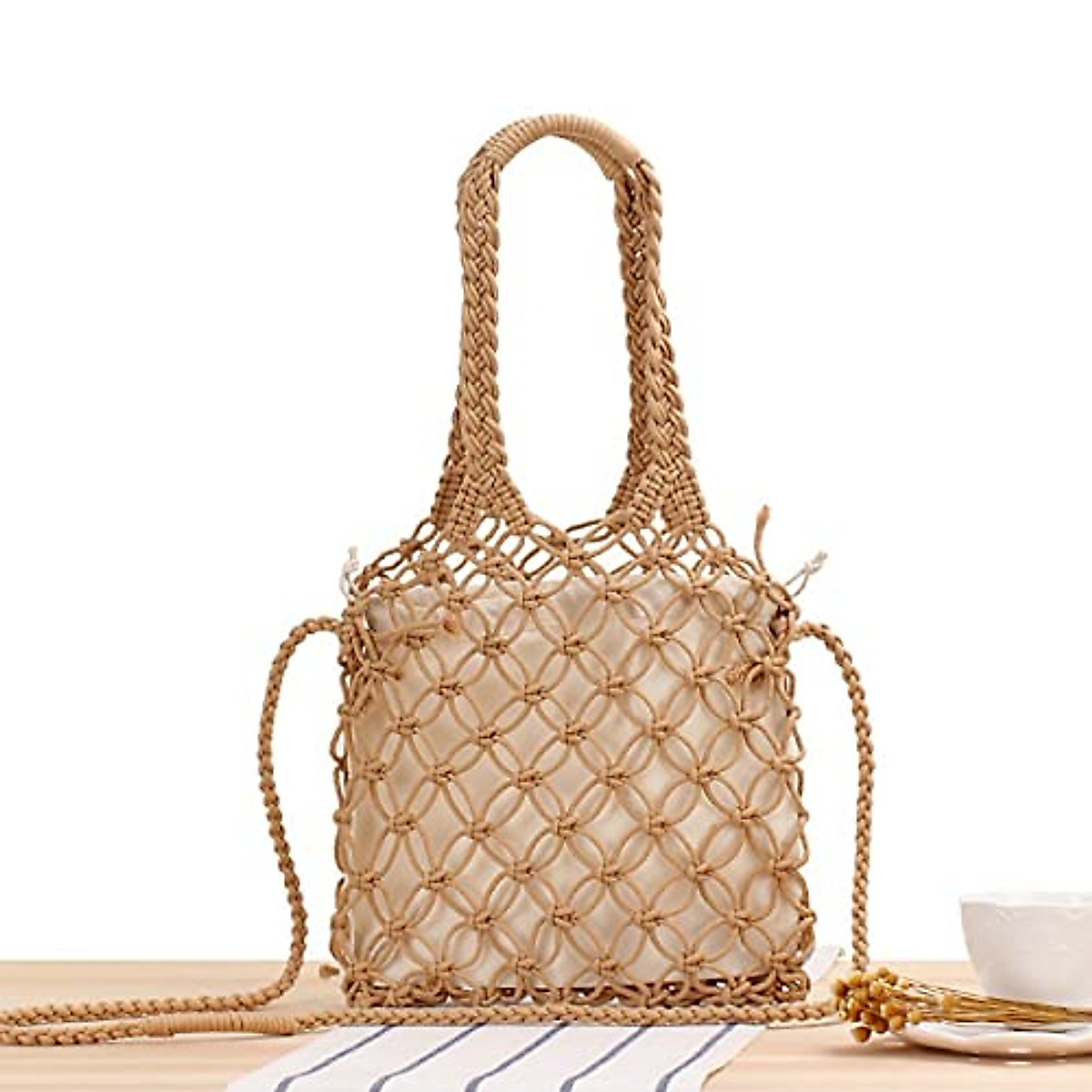 JBR Straw Crossbody Bag Cotton Rope Leisure Beach Bag Fishing Net Handbag Woven Shoulder Bag for Women Girls Purse, Khaki