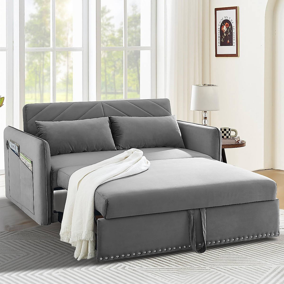 SumKea Loveseat Sleeper USB Port Pull Out Couch with Nailhead Trim, 3 in 1 Sofa Bed Adjustable Backrest with 2 Pillows, Grey