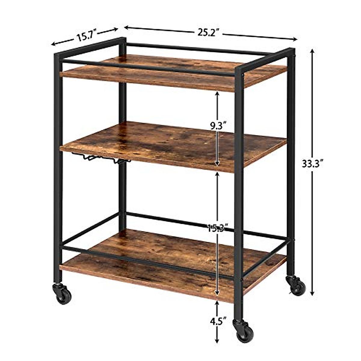 HOOBRO Bar Cart for The Home, Serving Cart with Wine Glass Hooks, Rolling Kitchen Cart with Lockable Wheels, 25.2 x 15.7 x 33.3 Inches Beverage Cart with Storage Shelves, Rustic Brown BF02TC01