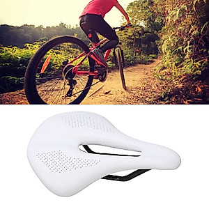 BuyWeek Bike Seat, Carbon Fiber Leather Bicycle Saddle Hollow Bicycle Seat Cushion 155mm Widen for Mountain Road Bike(White)