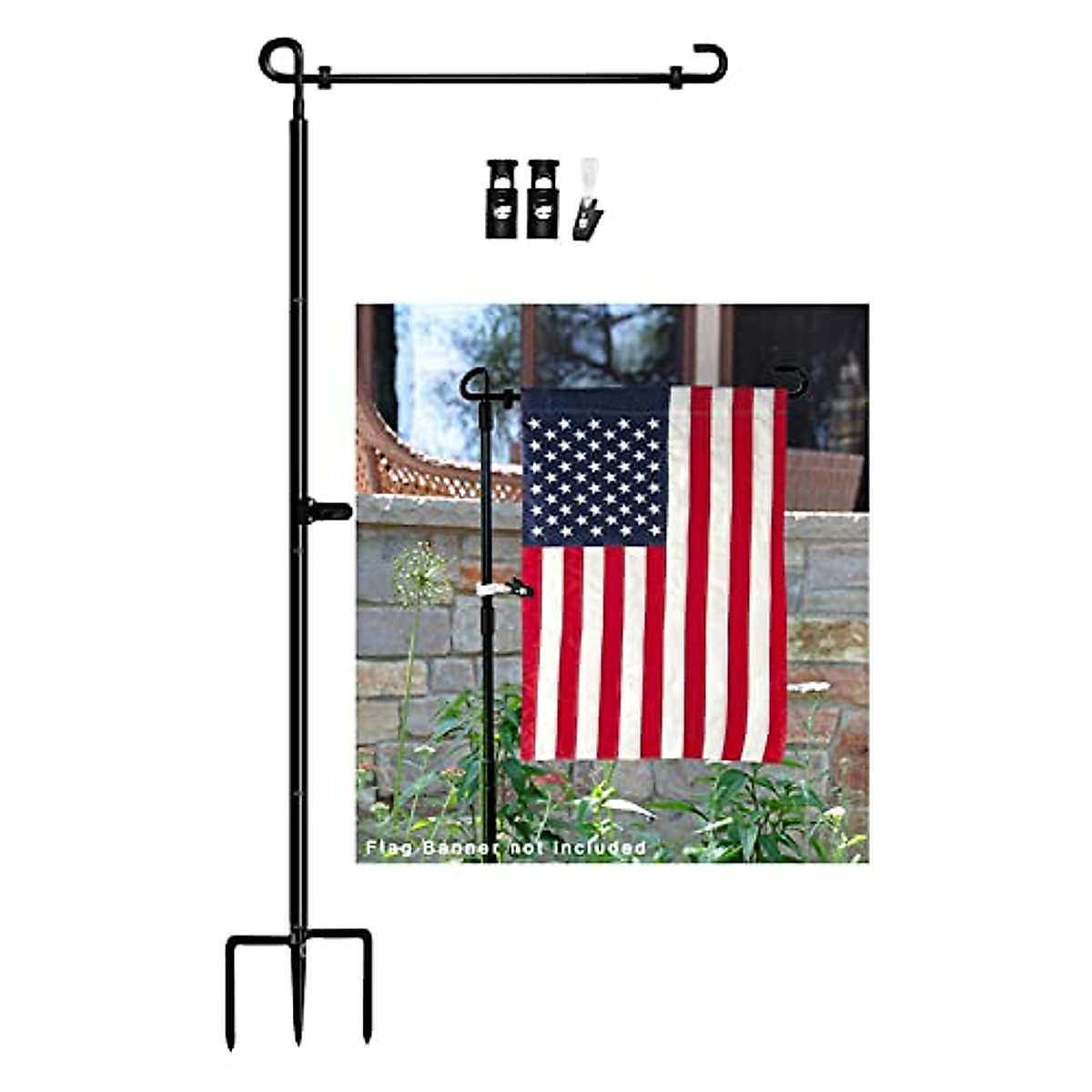 Upgraded Garden Flag Stand Banner Flagpole with 3 Prong Base, Black Wrought Iron Yard Garden Flag Pole - Holds Flags up to 12.5" in Width for Outdoor Garden Lawn
