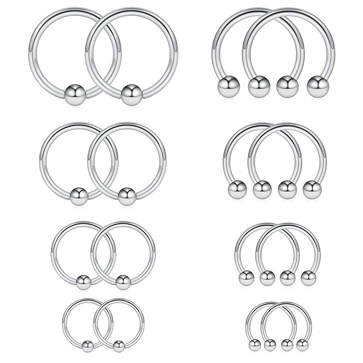 Ruifan 8PRS(16PCS) 14G Surgical Steel Horseshoe & Captive Bead Nose Hoop Septum Earring Eyebrow Tongue Lip Nipple Helix Tragus Piercing Rings 6-12mm - Silver