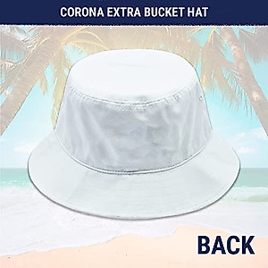 Corona Extra Bucket Hat with Embroidered Logo, Packable Travel Sun Hat, Wide Brim Cap, White
