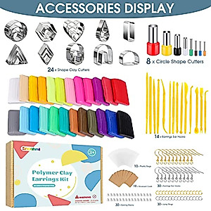 Snoghmil Polymer Clay Earrings Making Kit with 32pcs Polymer Clay Cutters, 24pcs Oven Bake Clay, 30 Set Earring Rings&Hooks for Earrings Making, Clay Earring Jewelry Making Kit for Beginner