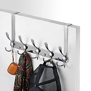 LYLIN Over The Door Hook, TEKI 5 Tri Hooks for 1.6” Thick Door, Over The Door Hook Hanger, Heavy Duty Over Door Rack for Hanging Coats Clothes Hats Robes Towels (Silver, 1.6”)