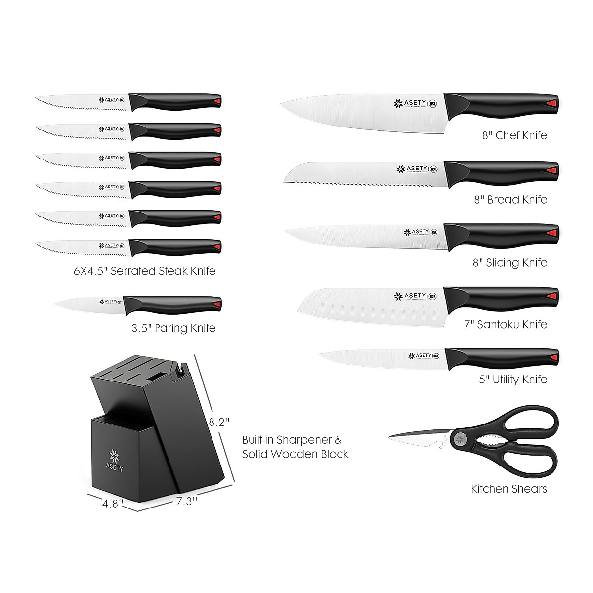 ASETY Knife Set, 15 PCS Kitchen knife Set with Bulti-in Sharpener Block, High Carbon Stainless Steel Knife Block Set, NSF Food Safe, Dishwasher Safe Knife Sets for Kitchen, Black, Gift Box