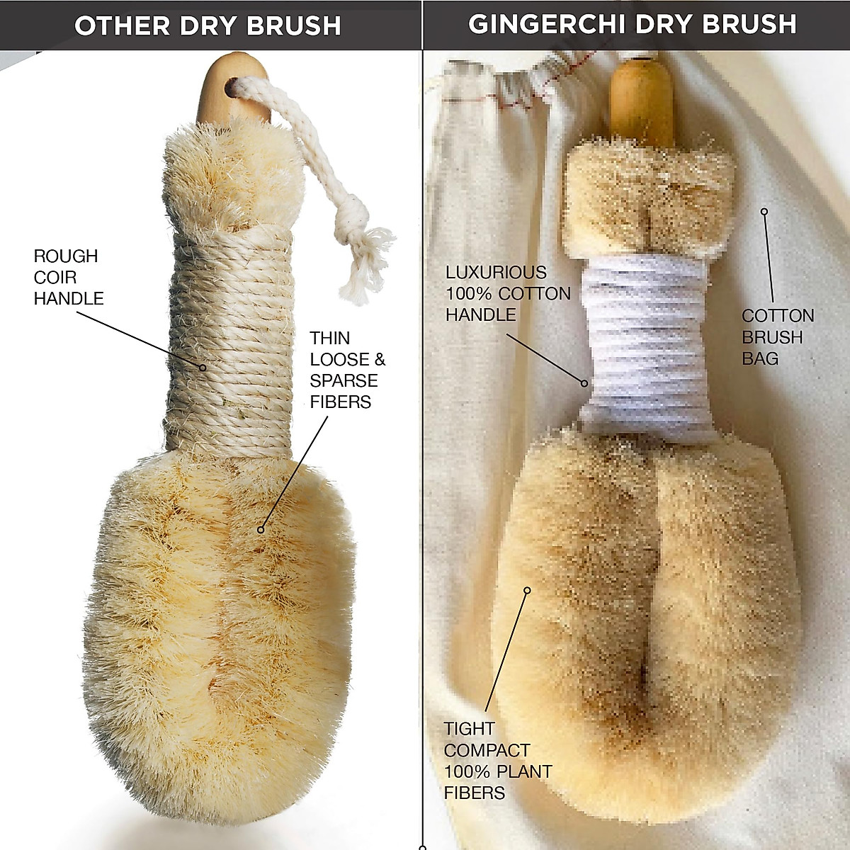 Ginger Chi Dry Brush for Skin, Dry Brushes for Body - Natural Bristle Brush for Dry Brushing Skin (Sisal Dry Brush)