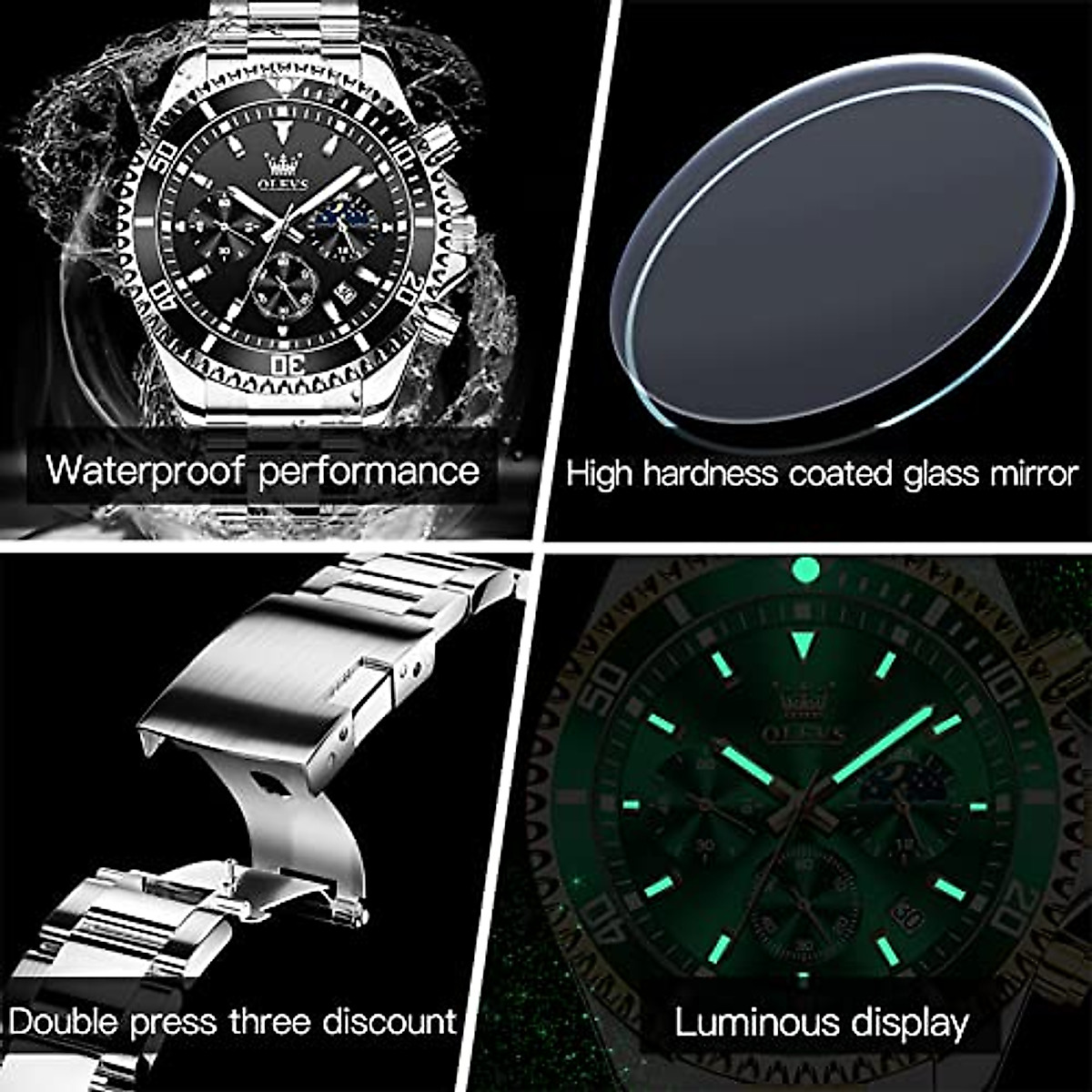 OLEVS Black Silver Watches for Men Classic with Date Business Dress Chronograph Big Face Reloj para Hombre Waterproof Luminous Mens Wrist Watch Analog Party Fashion Stainless Steel Man Watch