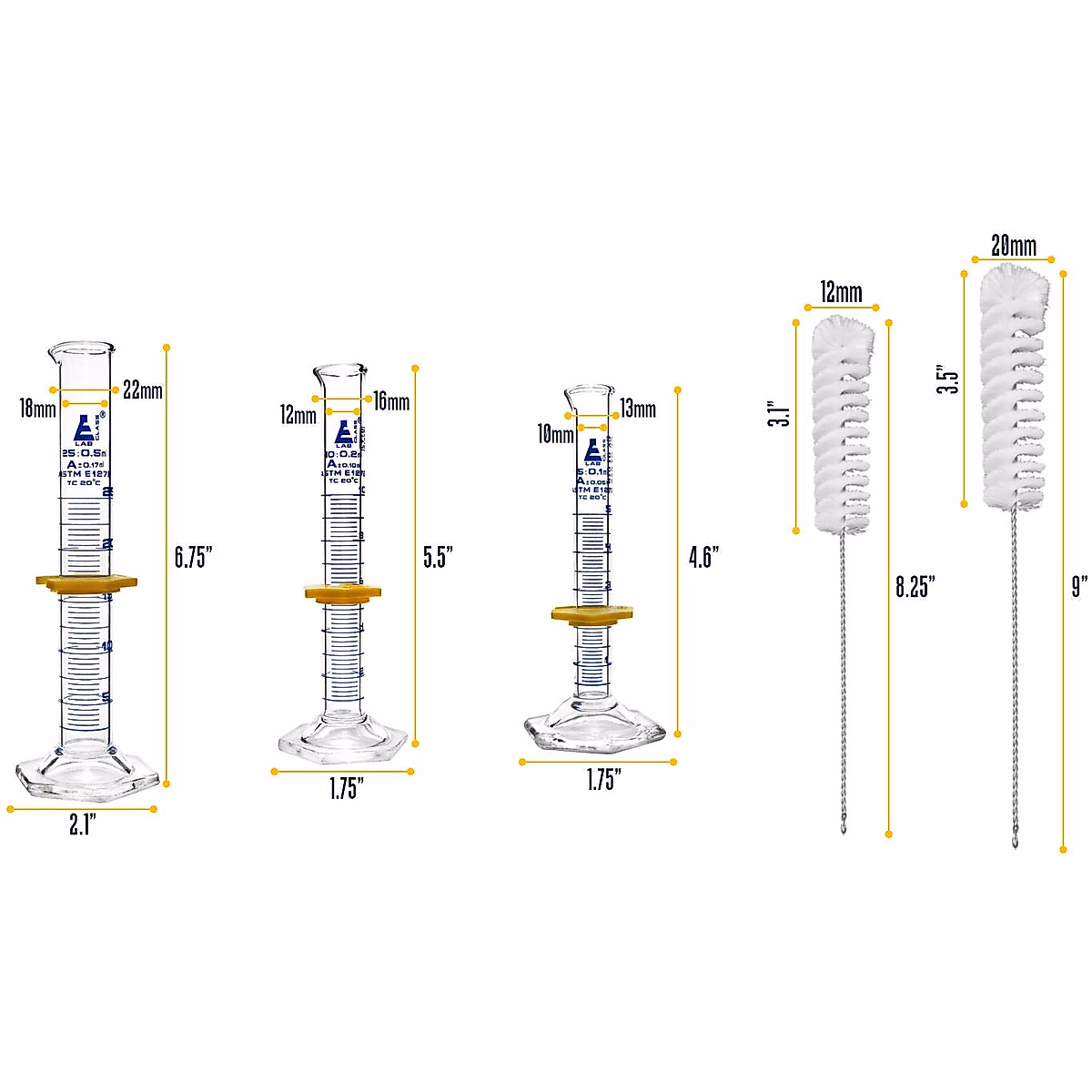 EISCO Graduated Cylinders & Cleaning Brushes - 5 Piece Set - ASTM, Class A - 5mL, 10mL, 25mL - Blue Graduations - 2 Nylon Bristle Brushes - Borosilicate 3.3 Glass