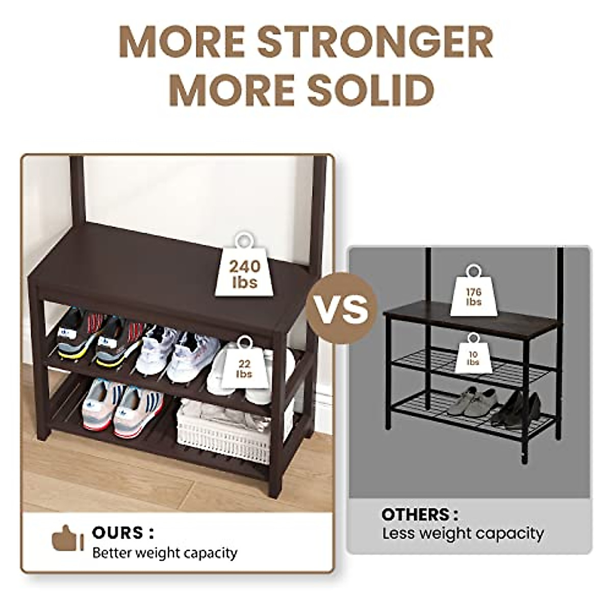 SEIRIONE Bamboo Coat Rack Shoe Bench, 5 in 1 Design Freestanding Hall Tree for Entryway Storage Organizer, 10 Hanger Hooks, 1 Upper Shelf, Easy Assembly,Dark Brown