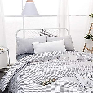 Wake In Cloud - Striped Comforter Set, 100% Cotton Fabric, Ticking Stripe Vertical Pinstripe Neutral Farmhouse Aesthetic, 3 Pieces Bedding Set, Gray, California King Size