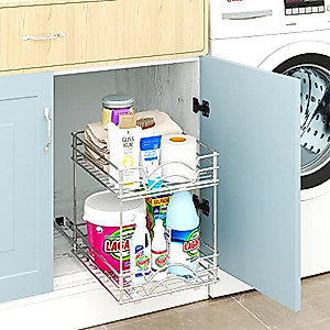 FANHAO Pull Out Spice Rack Organizer for Cabinet, Heavy Duty Slide Out Seasoning Kitchen Organizer, 2 Tier Cabinet Organizer Under Sink Organizers, 8.7" W x10.3 D x10.8 H, Chrome