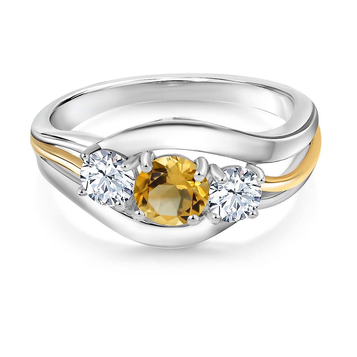 Gem Stone King 925 Sterling Silver and 10K Yellow Gold Round Yellow Citrine and White Zirconia 3 Stone Ring For Women (1.23 Cttw, Available In Size 5, 6, 7, 8, 9)