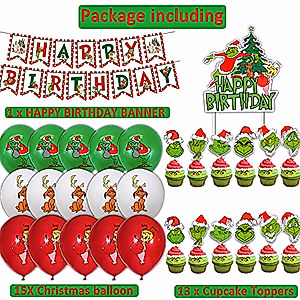 Grinch Christmas Birthday Decorations,Happy Birthday Banner,Holiday Cake Decoration,Grinch Cupcake Toppers,The-Grinch Christmas Balloons for Party,Christmas Theme Party Supplies,Winter Festival Feast Decorations