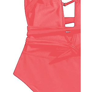 SweatyRocks Women's Sexy Basic Criss Cross Tie Knot Front Deep V Open Back One Piece Swimwear Watermelon Pink S