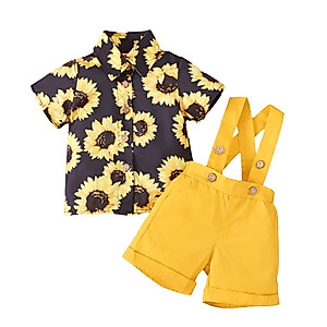 Noubeau Baby Boy Girl Brother Sister Matching Outfits Sunflower Print Short Sleeve Tops Romper+Suspender Overalls Shorts Clothes Set (Sunflower- Shirt, 12-18 Months)