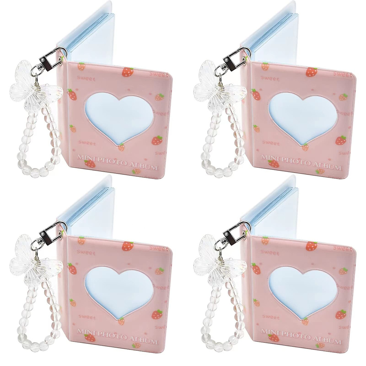 GOLDEN STRAWBERRY 4 PCS 6 Inch Photo Album 16 Pockets Photo Storage with Keychain Mini Photo Album Keychain for Picture Photo Card Holder Storage Book Wedding Anniversary Valentine Gift (Pink)