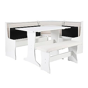 Linon Kiera Corner Upholstered Seats and Hidden Storage, Kitchen Dining Nook Set, White & Beige Striped
