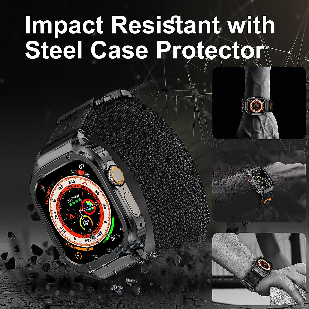 SUPLINK Stainless Steel Case and Nylon Bands Compatible with Apple Ultra 1/2 Watch Band 49mm for Men,Rugged Metal Cover Bumper Sport Strap for iWatch Series Ultra 2/Ultra 1 SE 9 8 7 6 5 4 3 2 1 Black