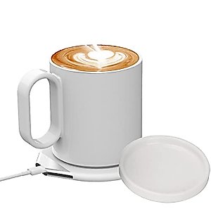 Coffee Warmer, Desk Self Heated Cup & Lid Set with Wireless Charging, Smart Recognition, for Keep Tea Coffee Milk Hot, Auto Shut Off, Waterproof Panel, for Office Home Desk(White)