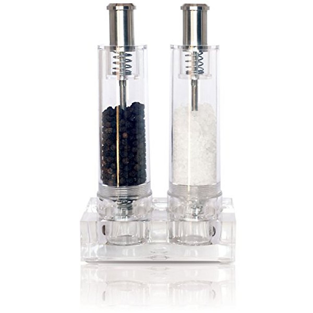 Modern Push Button Salt and Pepper Grinder Set, Grind Gourmet Pump and Grind Sea Salt and Pepper Mill Set with Stand, Refillable Grinder