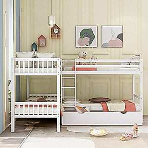 HYC L-Shaped Bunk Bed with Drawers, Bunk Bed for 4 Twin Over Twin for Boys Girls Kids Teen Wood Quad Bunk Beds Frame, White