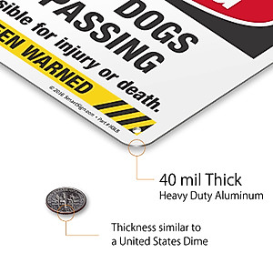 SmartSign (Pack of 4) 7 x 10 inch “Warning - Beware Of Dogs, No Trespassing, Not Responsible For Injury Or Death” Metal Sign, 40 mil Laminated Rustproof Aluminum, Red, Black,Yellow and White, USA-Made