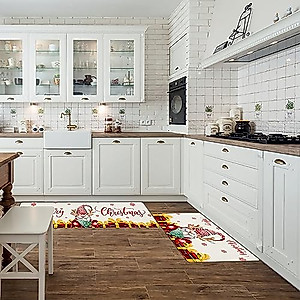 Libaoge Merry Christmas Kitchen Mat Rug Set of 2 Gnome with Horns Red Gift Box Runner Rug Anti-Fatigue Comfort Memory Foam Standing Mat Non-Slip Floor Door Mat for Bathroom Bedroom 16x24n+16x47in