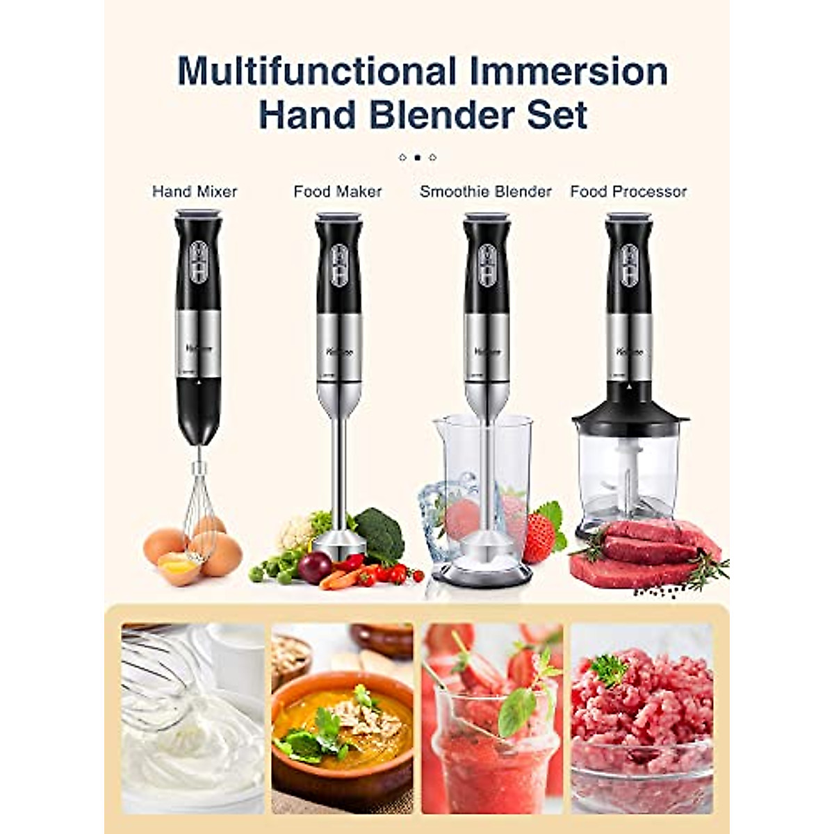 Hand Blender, Handheld Blender Electric, 5-in-1 Multifunctional Immersion Blender, 12 Speed and Turbo Mode, Stainless Steel Blade with Whisk, Chopper/Grinder Bowl and Beaker/Measuring Cup, by Yabano (4 in 1)