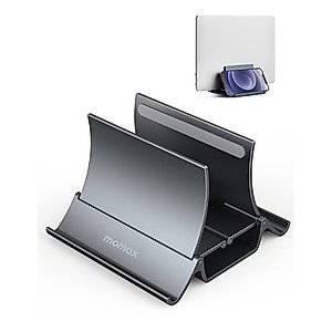 MOMAX Vertical Laptop Stand Holder, Gravity Auto Locking Holder Storage Dock, Space Saving for Desk Organizer, Fits All MacBook, iPad, Surface, Dell, Chromebook, Gaming Laptops (Up to 17.3 inches)