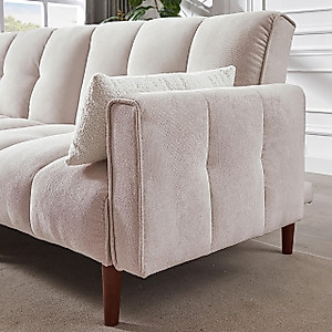 ERYE 3-in-1 Linen Upholstered Convertible Futon Sofabed Modern Oversized Functional Loveseat Sofa Convertible Sleeper Couch Bed with Split Reclining Backrest,2 Pillows and 8 Wood Legs for Living Room