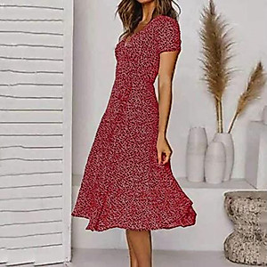 Womens Dresses Summer 2023 Floral Boho V Neck Short Sleeve Wrap Flowy Ruffle Hem Cute Beach A Line Midi Dress Sun Dresses Hawaiian Clothes Summer Wedding Guest Dresses for Women 2023