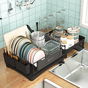 1Easylife Dish Drying Rack, 2 Pieces Large Dish Rack Drainboard Set for Kitchen Counter, Rustproof Dish Drainers with Drainboard, Adjustable Swivel Spout, Wineglass and Utensil Holder for Big Family