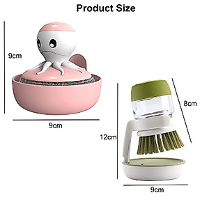 Soap Dispensing Brush(2 Pieces), Press to Automatically Add Liquid, Soap Dispensing Palm Brush Kitchen Brush with Holder for Pan Sink/Kitchen/Stove Sleaning—Pink Green