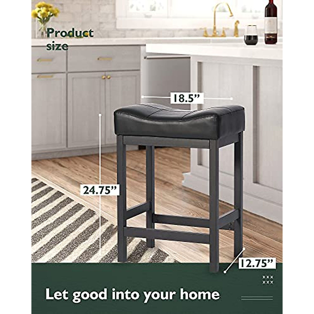 KATDANS Bar Stools Set of 2 - Counter Height Stools - 24 Inch Saddle Stool - PU Leather Kitchen Stools - Black Seat - Black Metal Base, KS861P-Black